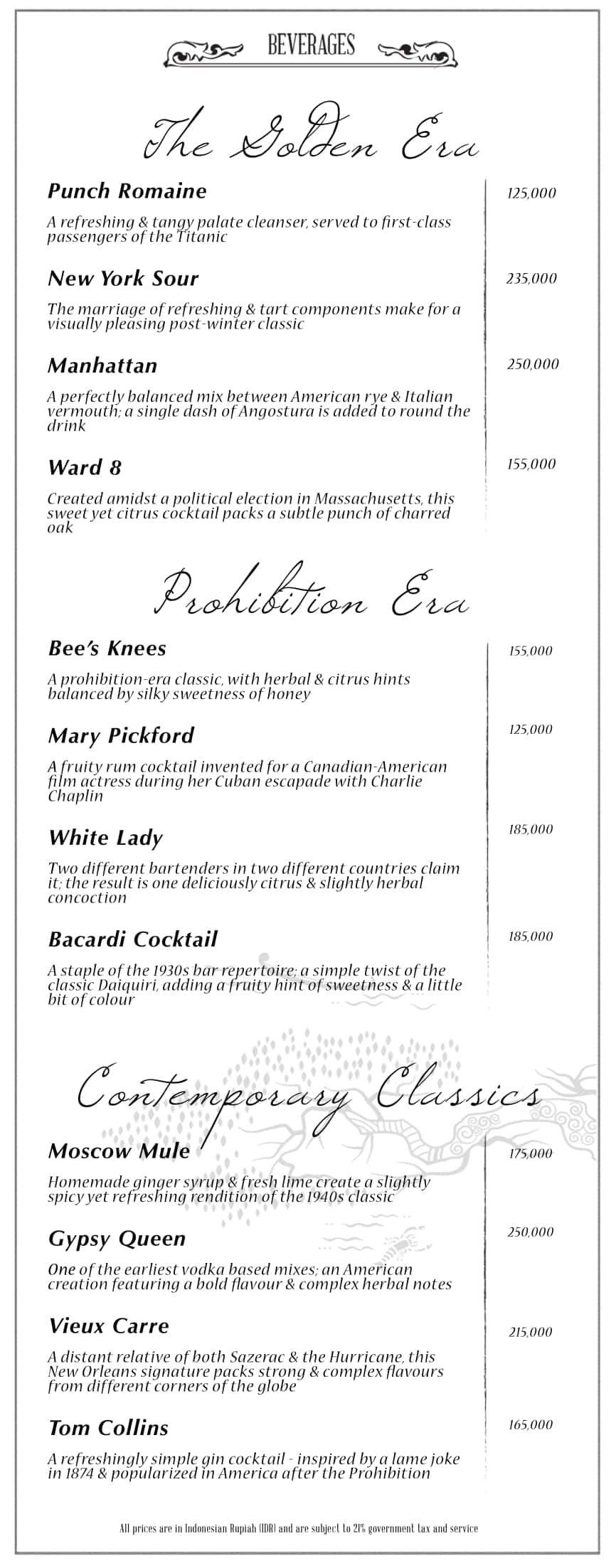 Menu at The Writers Bar, Jakarta