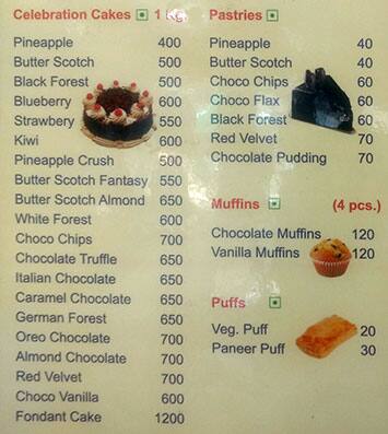 Menu at Angel Bakers, Hyderabad, Sri Krishna Ashray