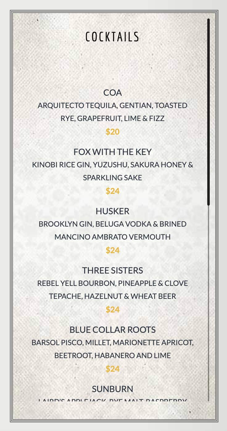 Menu at Grain Bar - Four Seasons Hotel Sydney, Sydney