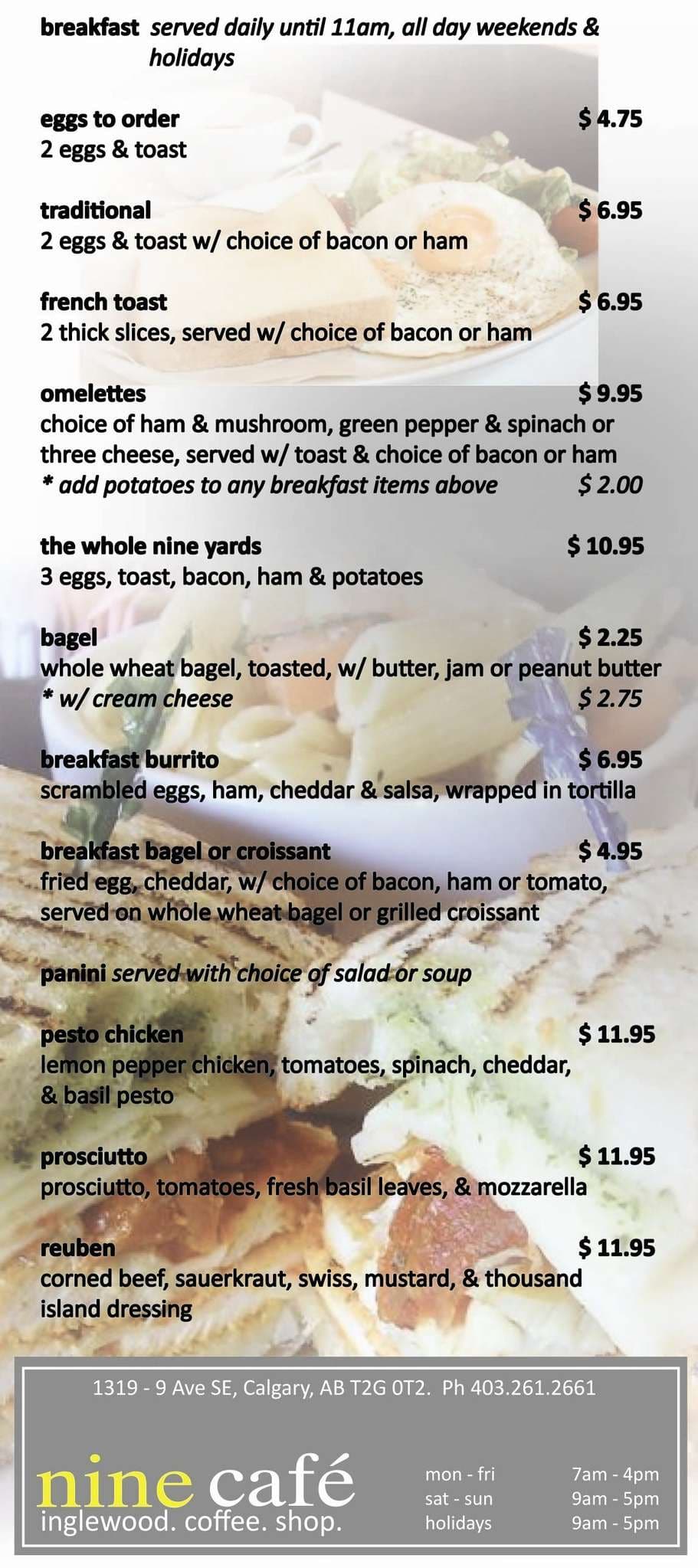 Menu at Nine Cafe, Calgary