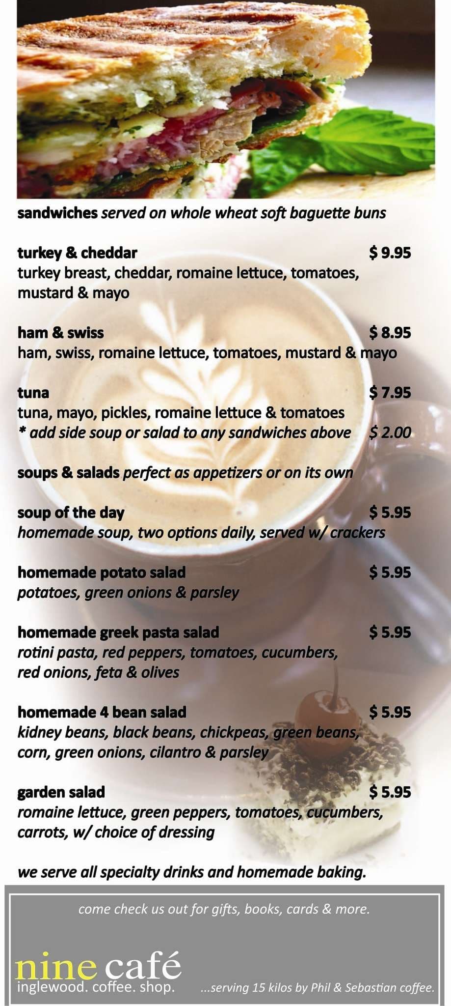 Menu at Nine Cafe, Calgary