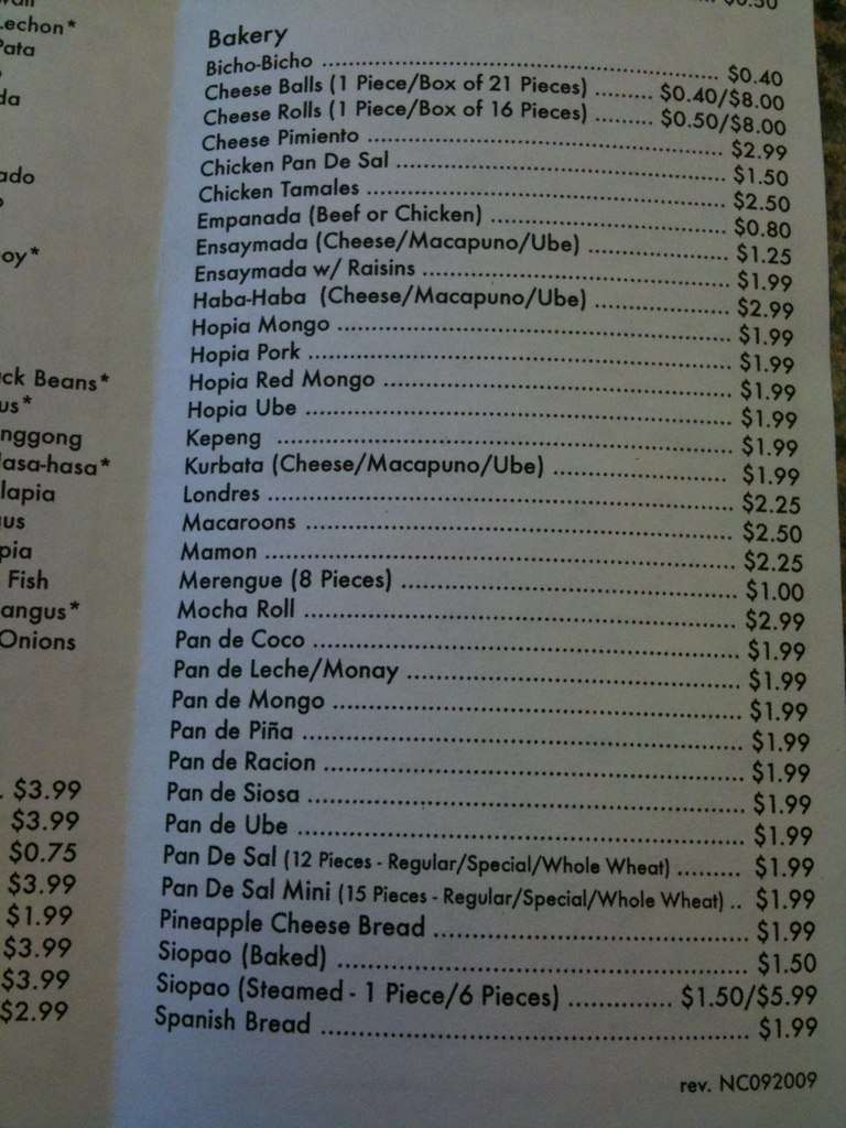 Menu at Valerio's City Bakery, National City, E 8th St #1