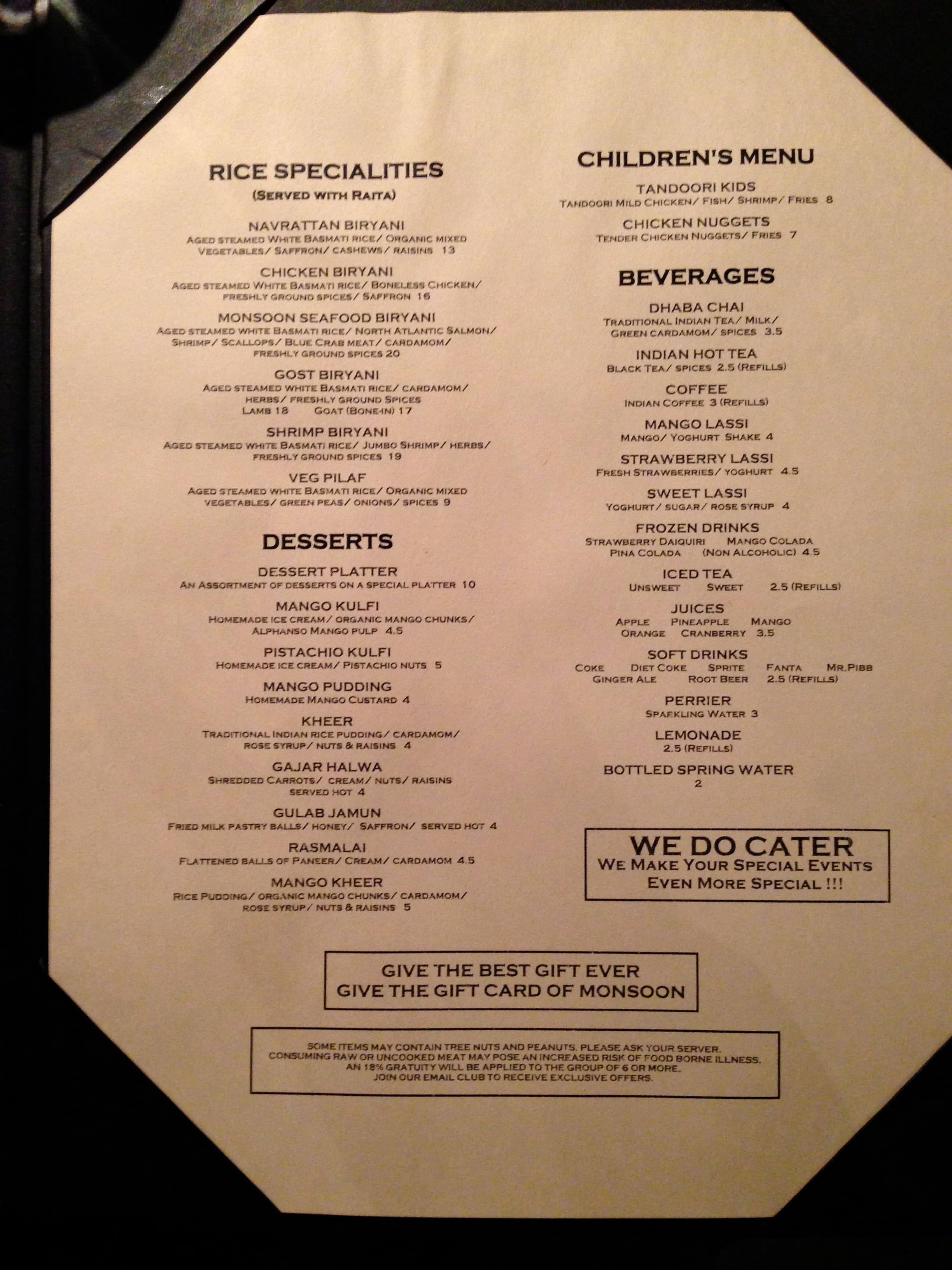 Menu at Monsoon restaurant, Hampton