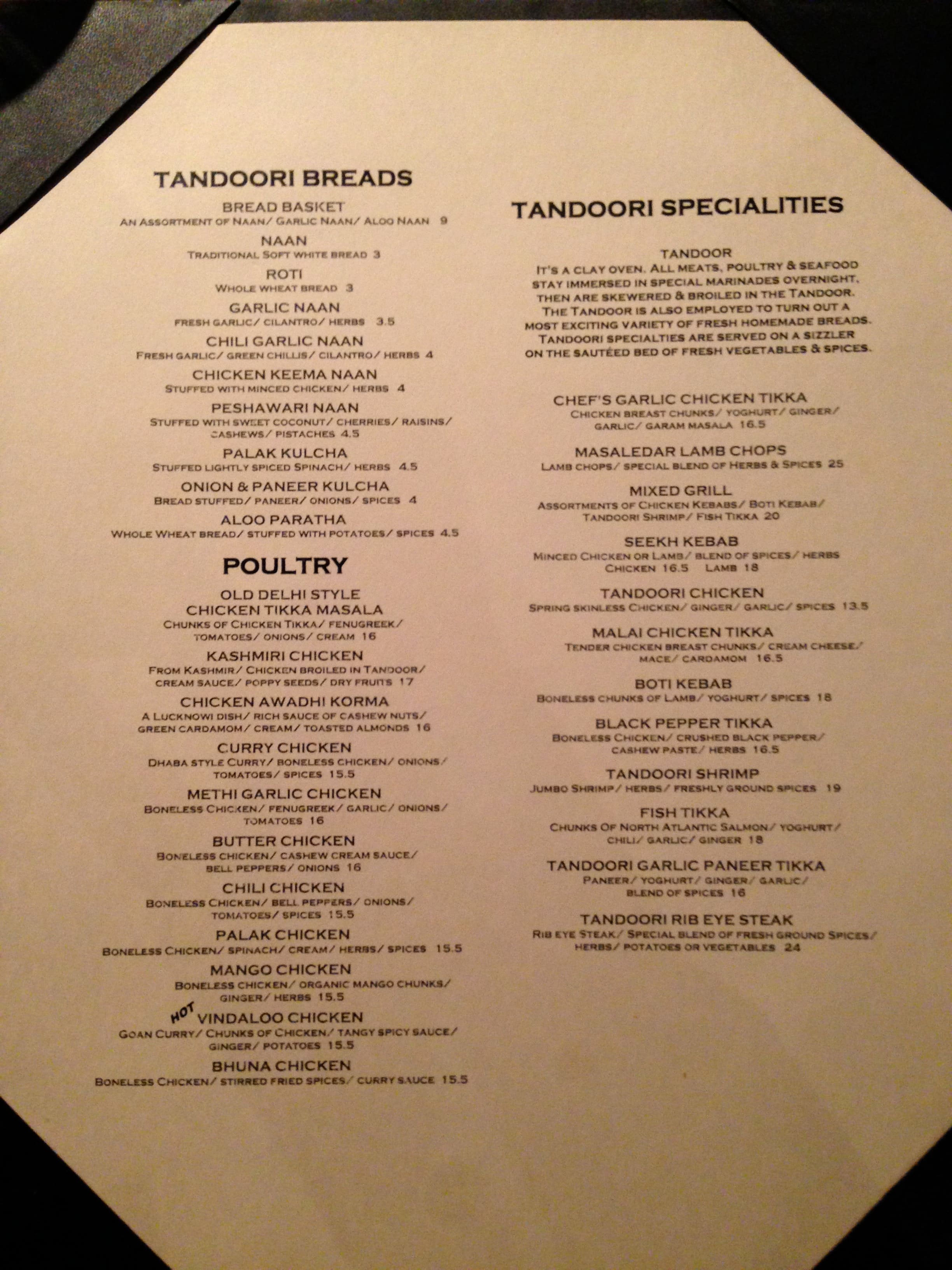 Menu at Monsoon restaurant, Hampton