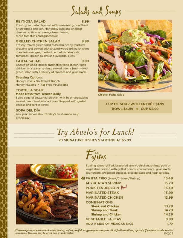 Menu at Abuelo's restaurant, Bartlett