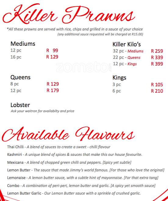 Menu at Jimmy's KILLER PRAWNS restaurant, Bloemfontein