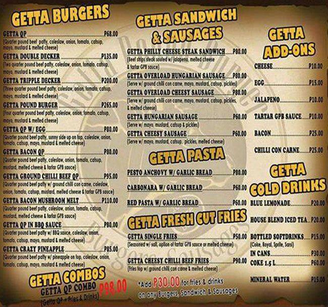 Carta de Getta Pound Burger, Ciudad Quezon, 64 Regalado Avenue