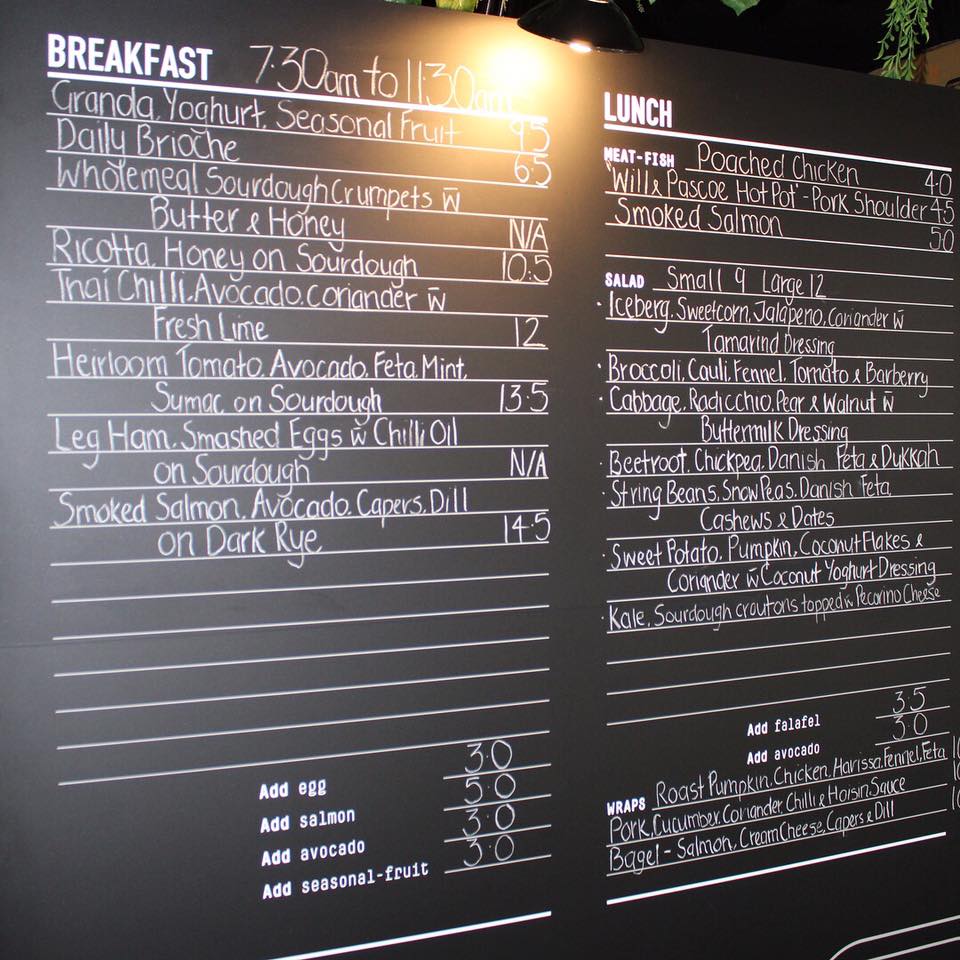 Menu at Will & Pascoe cafe, Adelaide