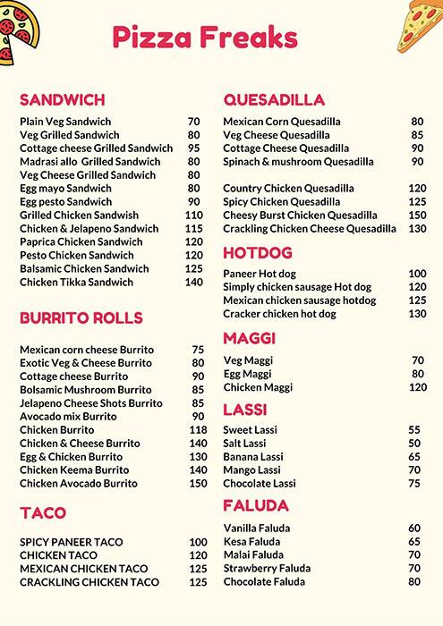 Menu of Pizza Freaks, Madhapur, Hyderabad