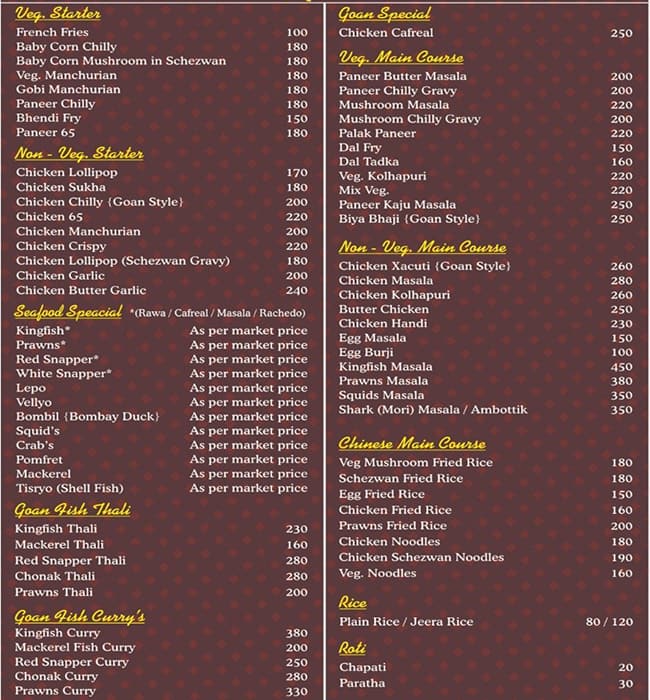 Menu of Morina Bar & Restaurant, Candolim, Goa