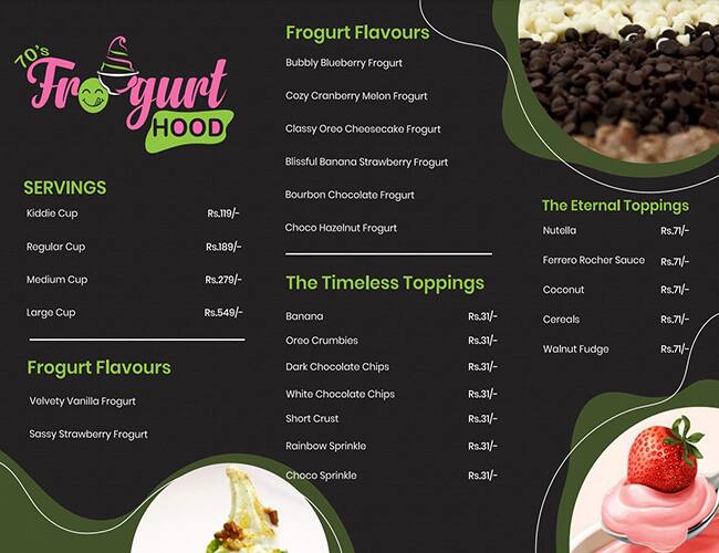 Menu of 70s Frogurt Hood, Kemps Corner, Mumbai