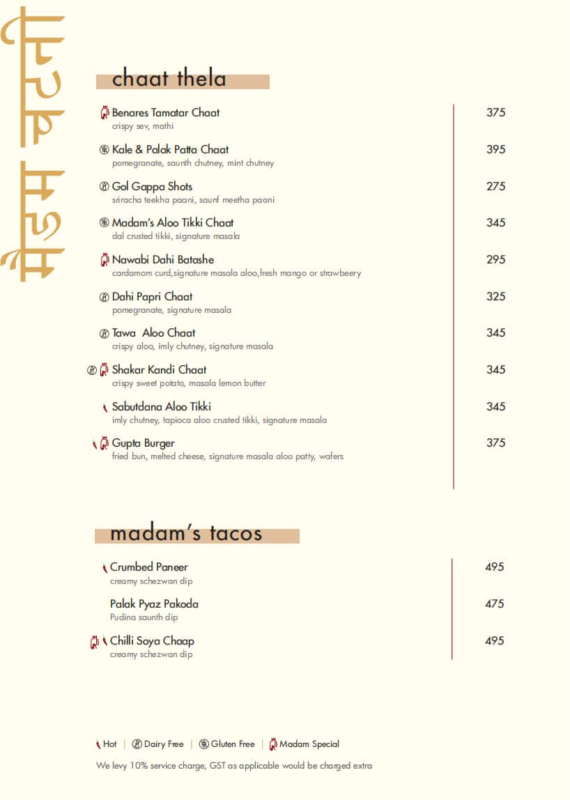 Menu of Madam Chutney, Greater Kailash 2 (GK2), New Delhi