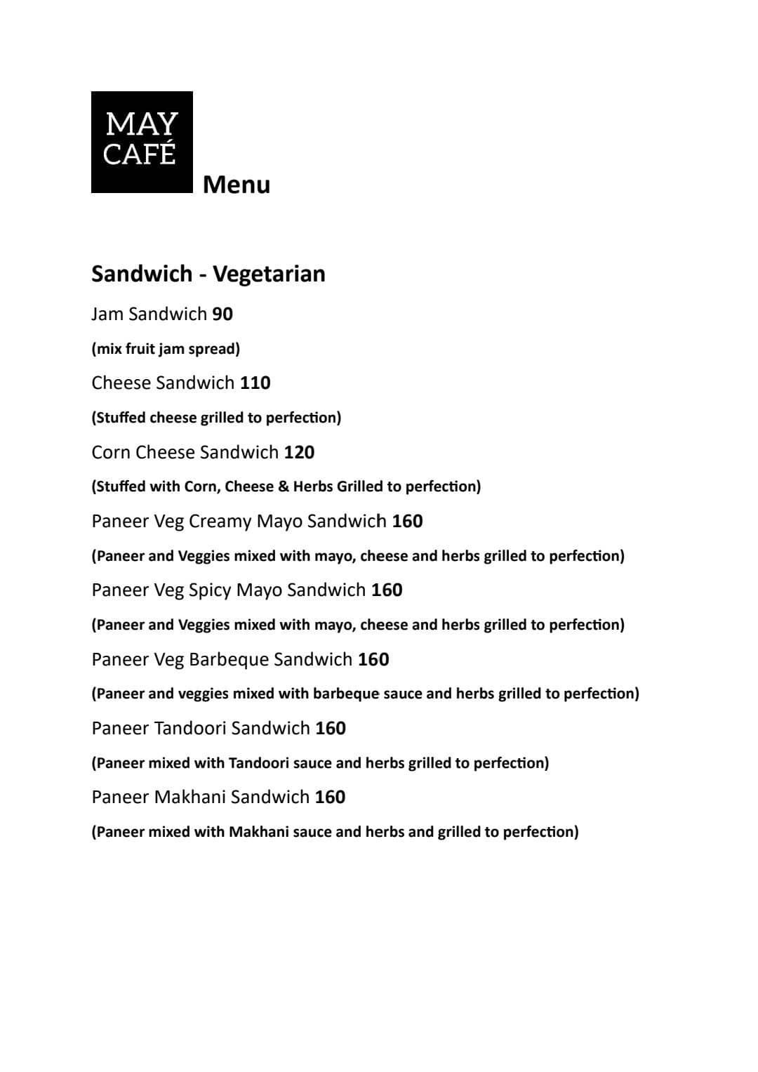 Menu of May Cafe, Viman Nagar, Pune