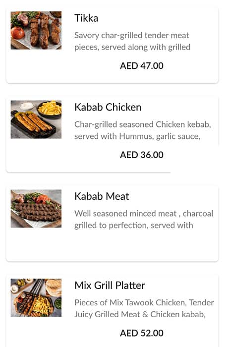 Menu at Maroosh restaurant, Abu Dhabi, Opposite Abu Dhabi Commercial Bank