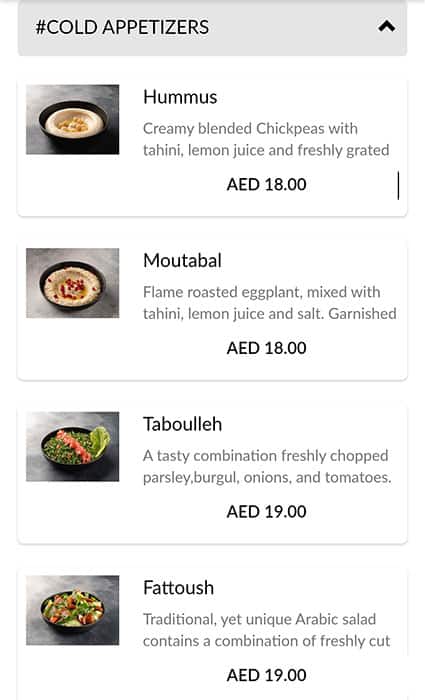Menu at Maroosh restaurant, Abu Dhabi, Opposite Abu Dhabi Commercial Bank