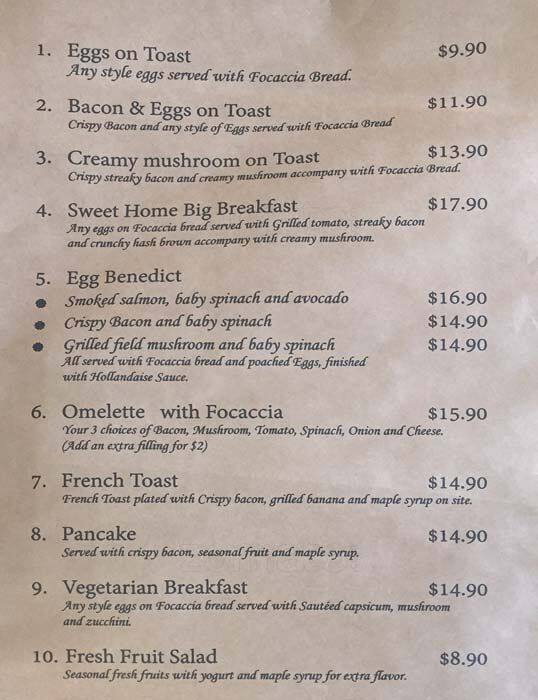 Menu at Sweet Home Cafe, Auckland