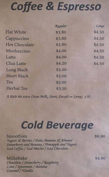 Menu at Sweet Home Cafe, Auckland