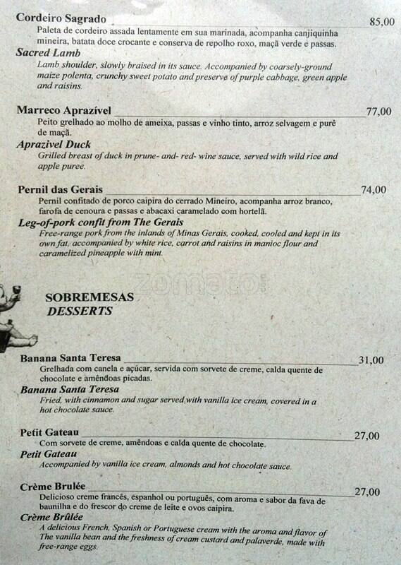 Menu em Aprazível restaurante, Rio de Janeiro