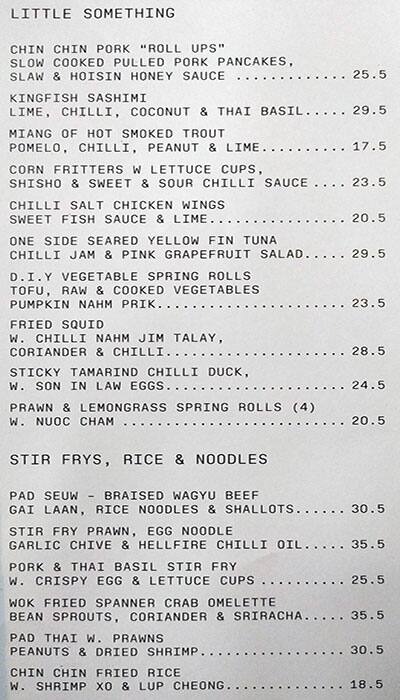 Menu at Chin Chin restaurant, Surry Hills