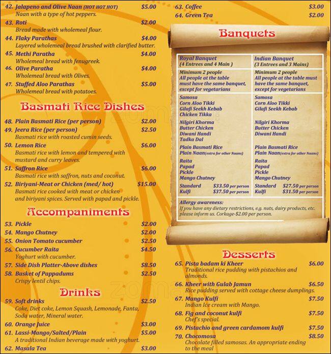 Menu at Royal India restaurant, Strathfield