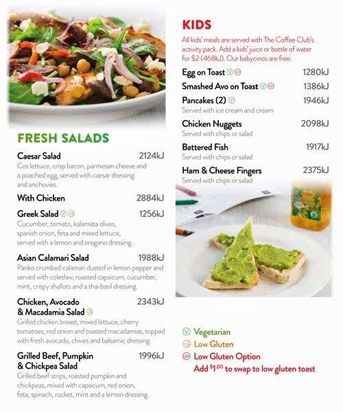 Menu at The Coffee Club, Chermside