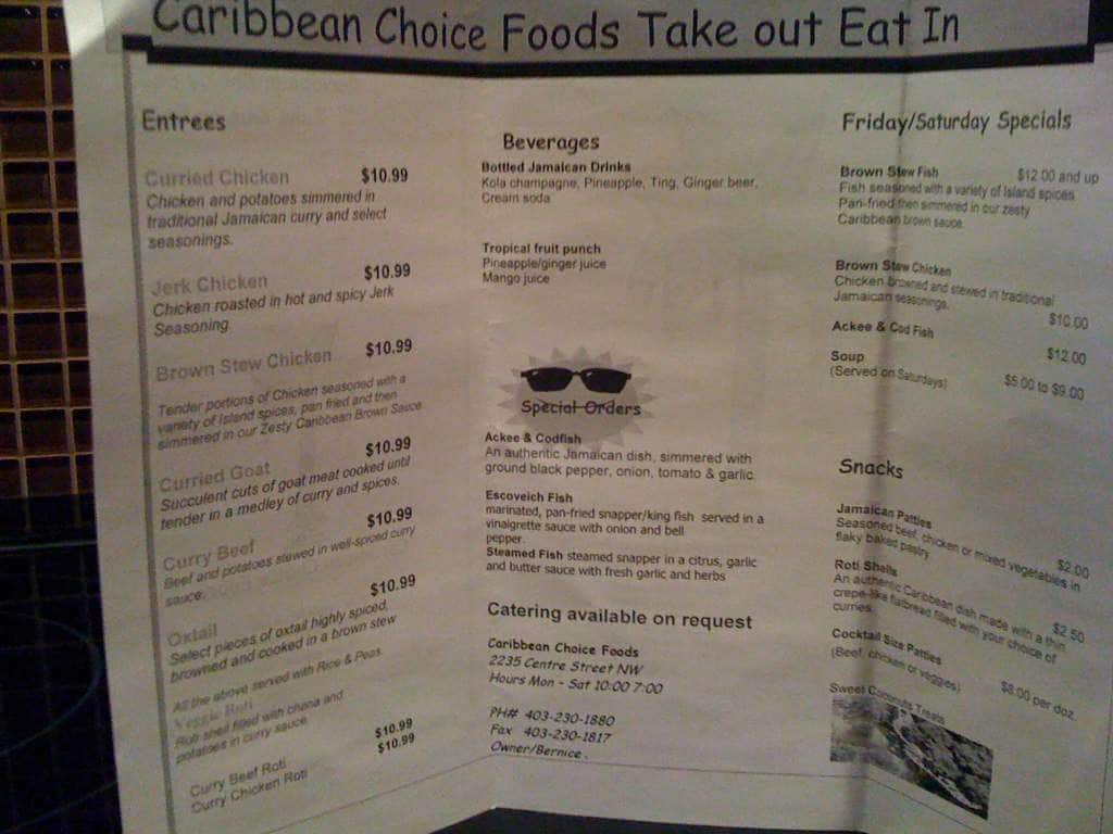 Menu at Caribbean Choice restaurant, Calgary