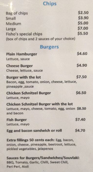 Menu at Fisho's Seaford restaurant, Seaford