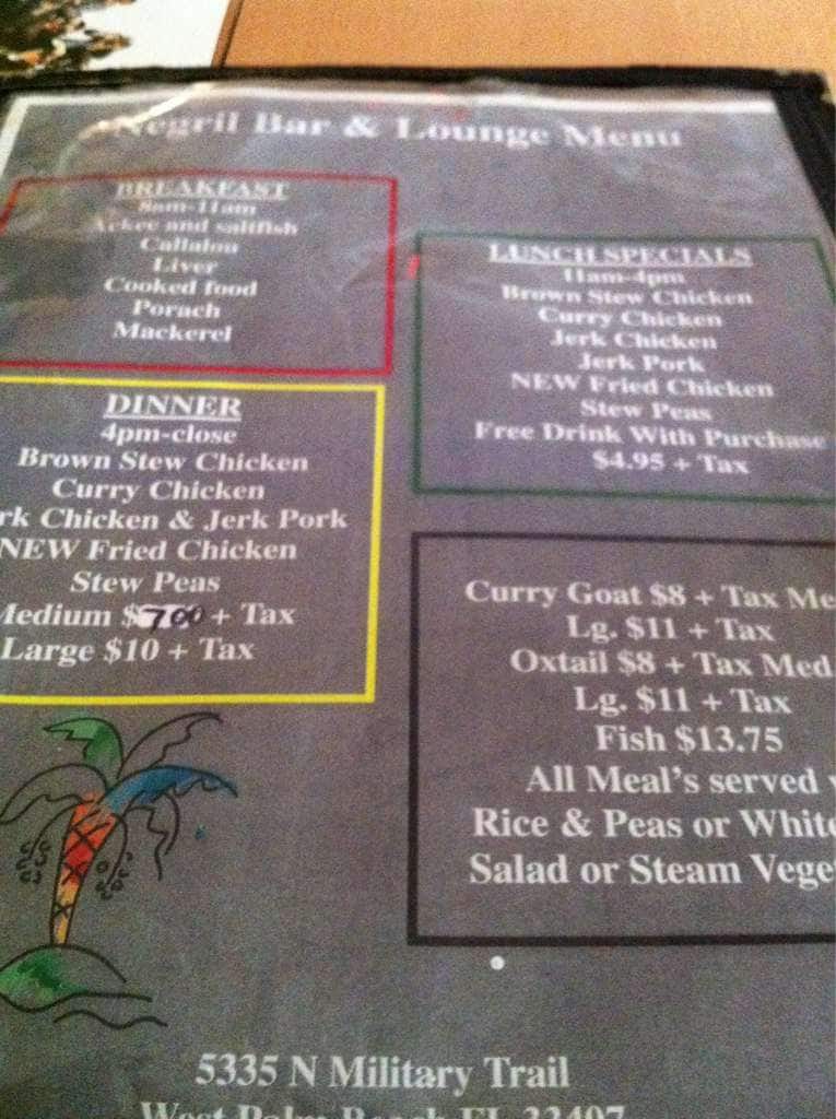 Menu at Negril Grill & Lounge restaurant, West Palm Beach