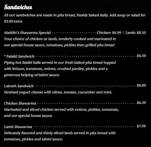 Menu at Aladdin's Café Restaurant & Catering, Portland