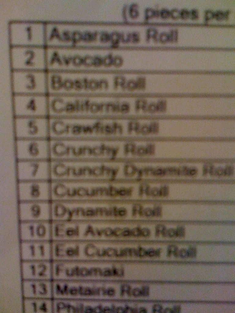 Menu at Tennou Sushi Bar, Harvey