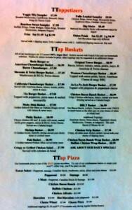 Menu at Tower Tap pizzeria, Kettle River