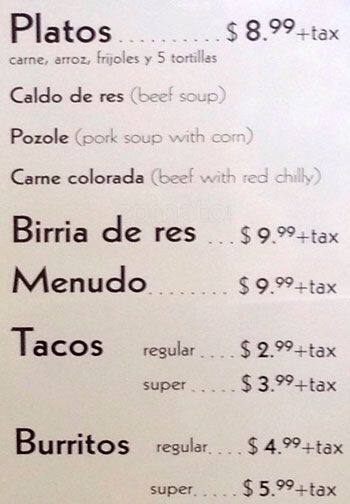 Menu at Belmar restaurant, San Francisco