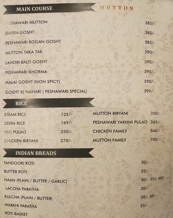 Menu at Peshawar Restaurant, Hyderabad, 16-2-145/A