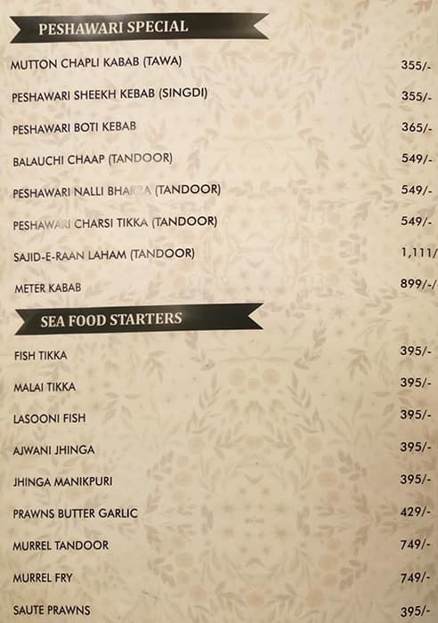 Menu at Peshawar Restaurant, Hyderabad, 16-2-145/A
