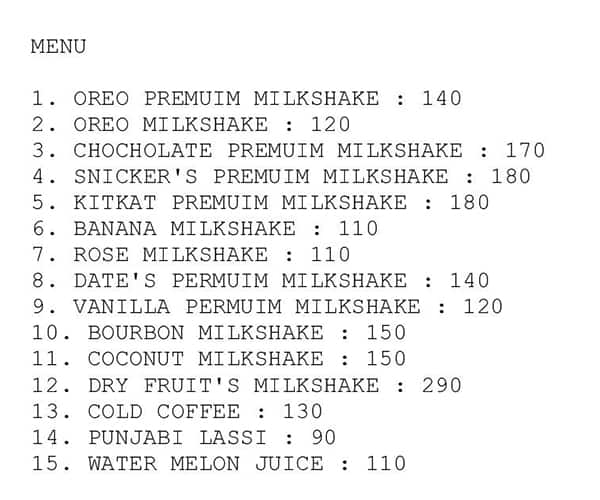 Menu of A1 Zyka, Santacruz West, Mumbai