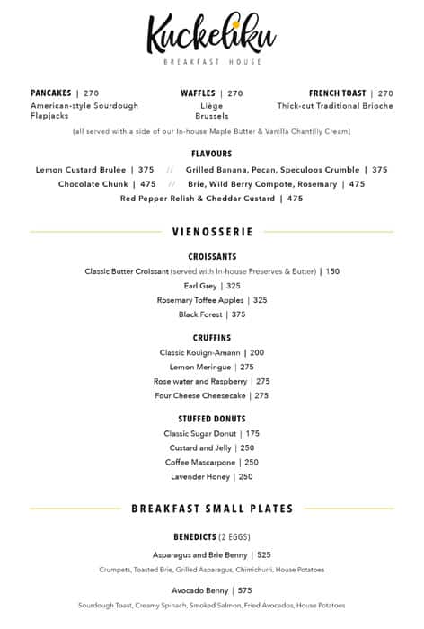 Menu of Kuckeliku Breakfast House, Colaba, Mumbai