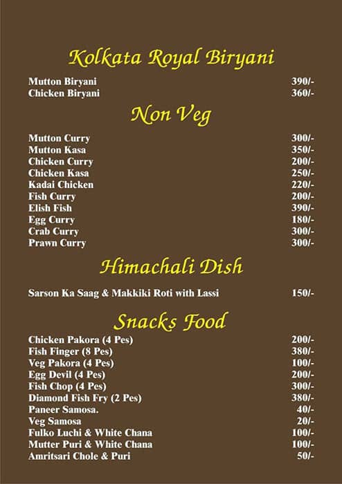 Menu of Himachal Restaurant, Saket, New Delhi