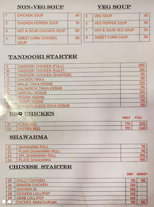 Menu of Five Star Restaurant, Washermenpet, Chennai