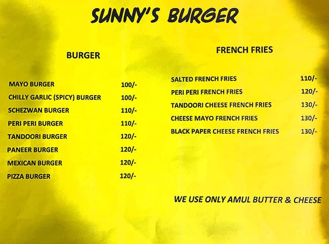 Menu of Sunny Burger, Thaltej, Ahmedabad