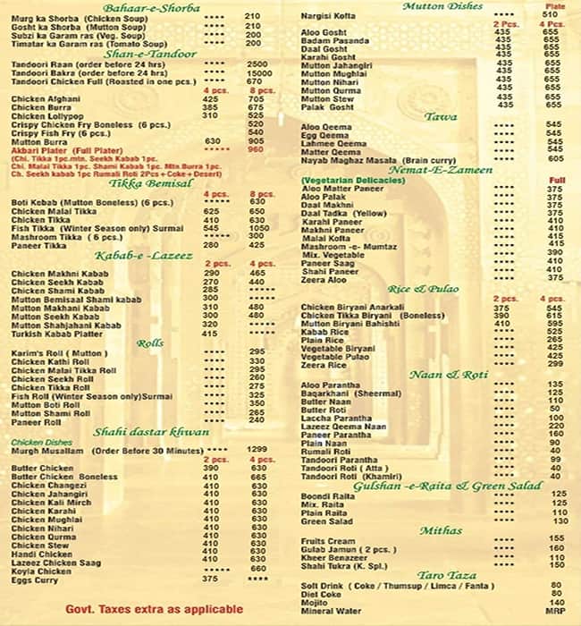 Menu of Karim's, Green Park, New Delhi