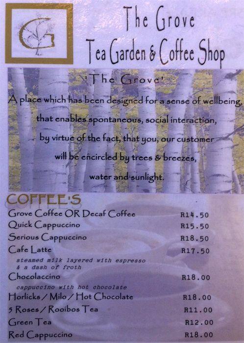 Menu at The Grove Tea Garden & Coffee Shop cafe, Benoni