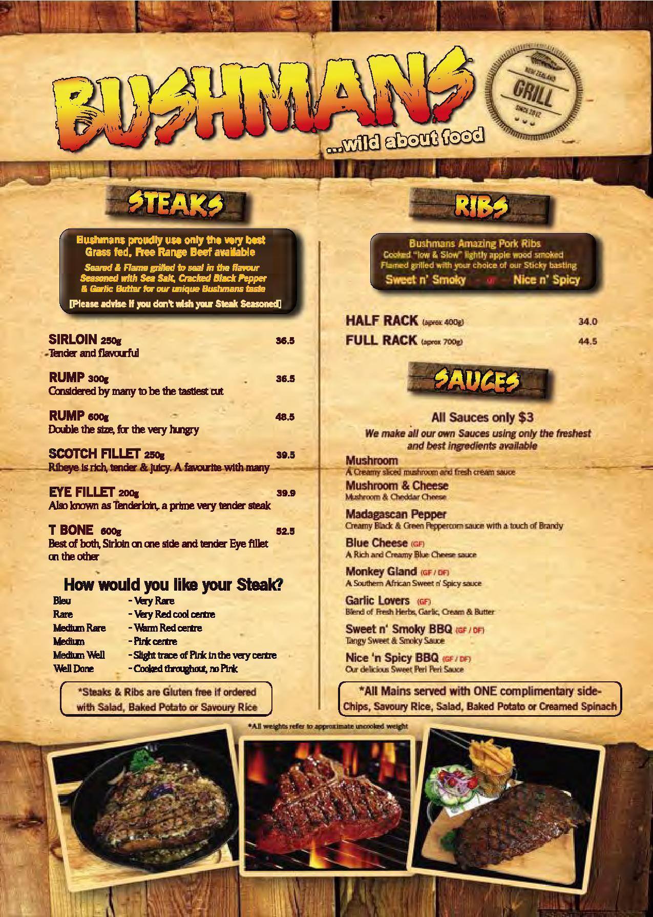 Menu at Bushman's Grill steakhouse, Auckland