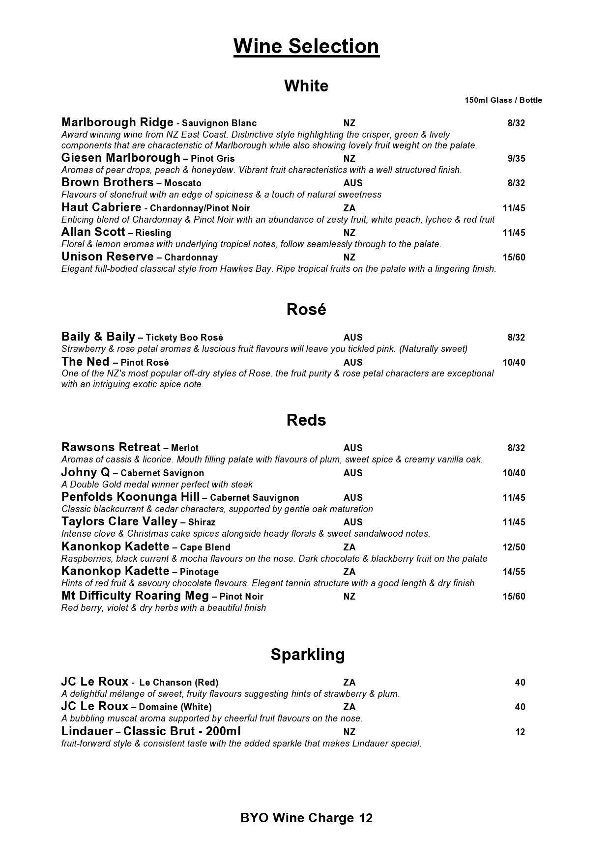 Menu at Bushman's Grill steakhouse, Auckland