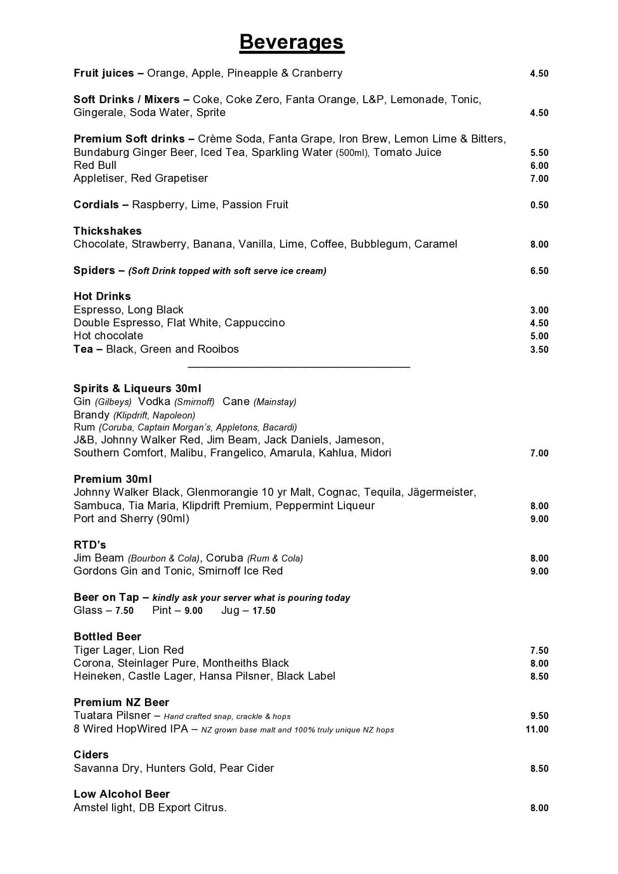 Menu at Bushman's Grill steakhouse, Auckland