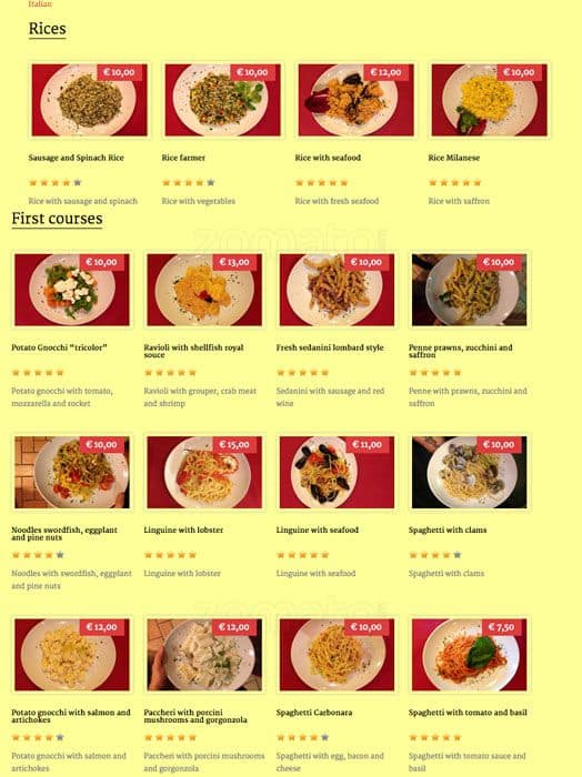 Menu at Momus pizzeria, Milan