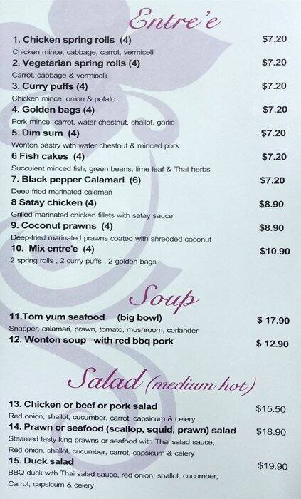 Menu at Thai Victoria restaurant, Victoria Point, Shop C01 High St
