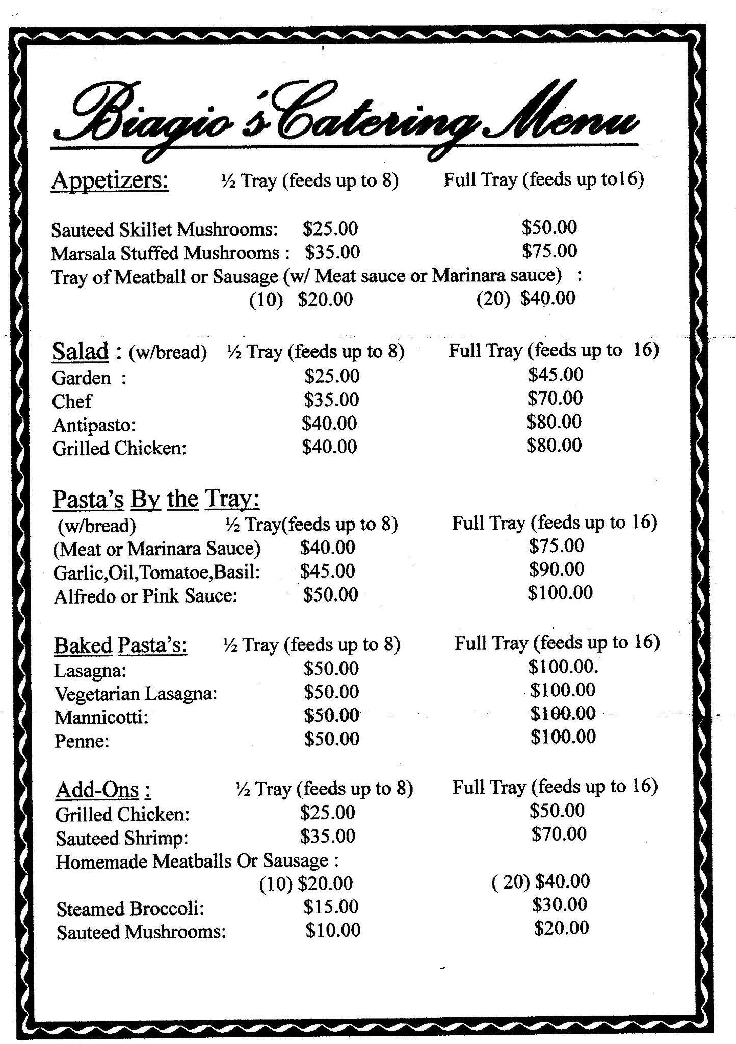 Menu at Biagio's Italian Restaurant, Lake Forest