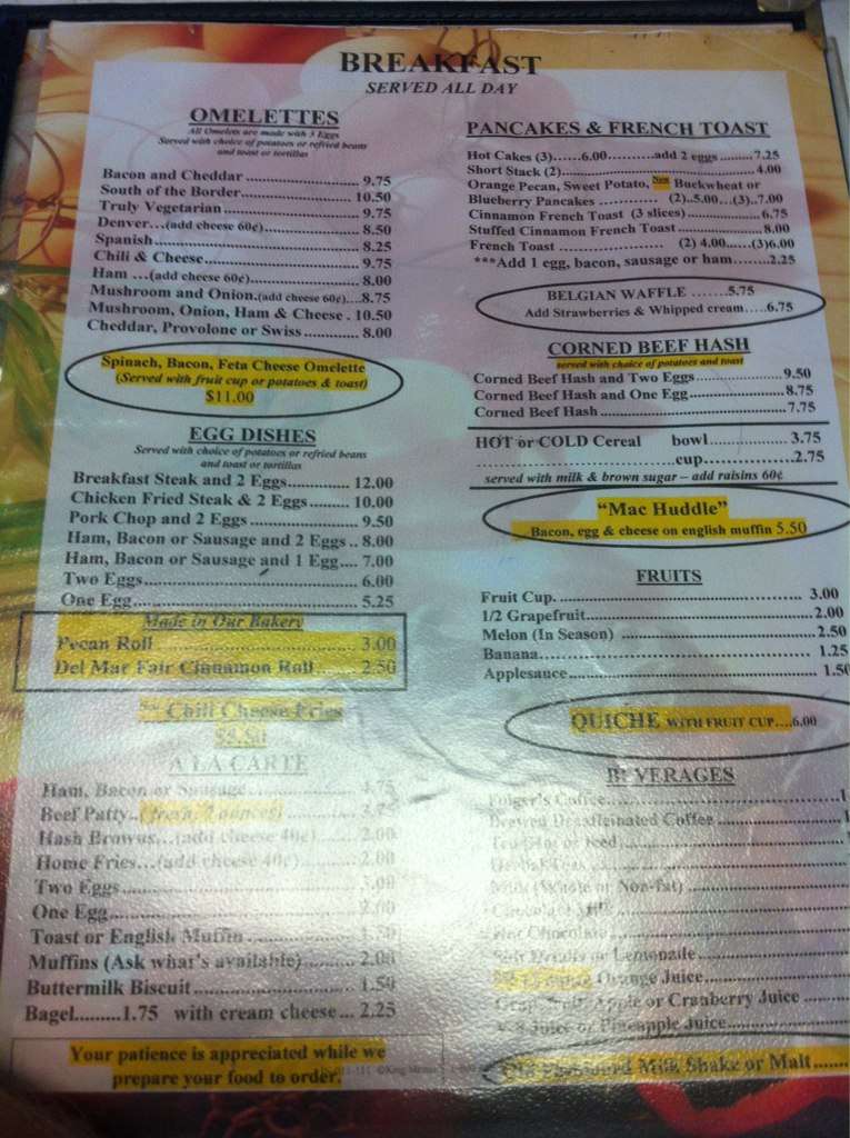 Menu at Huddle restaurant, San Diego