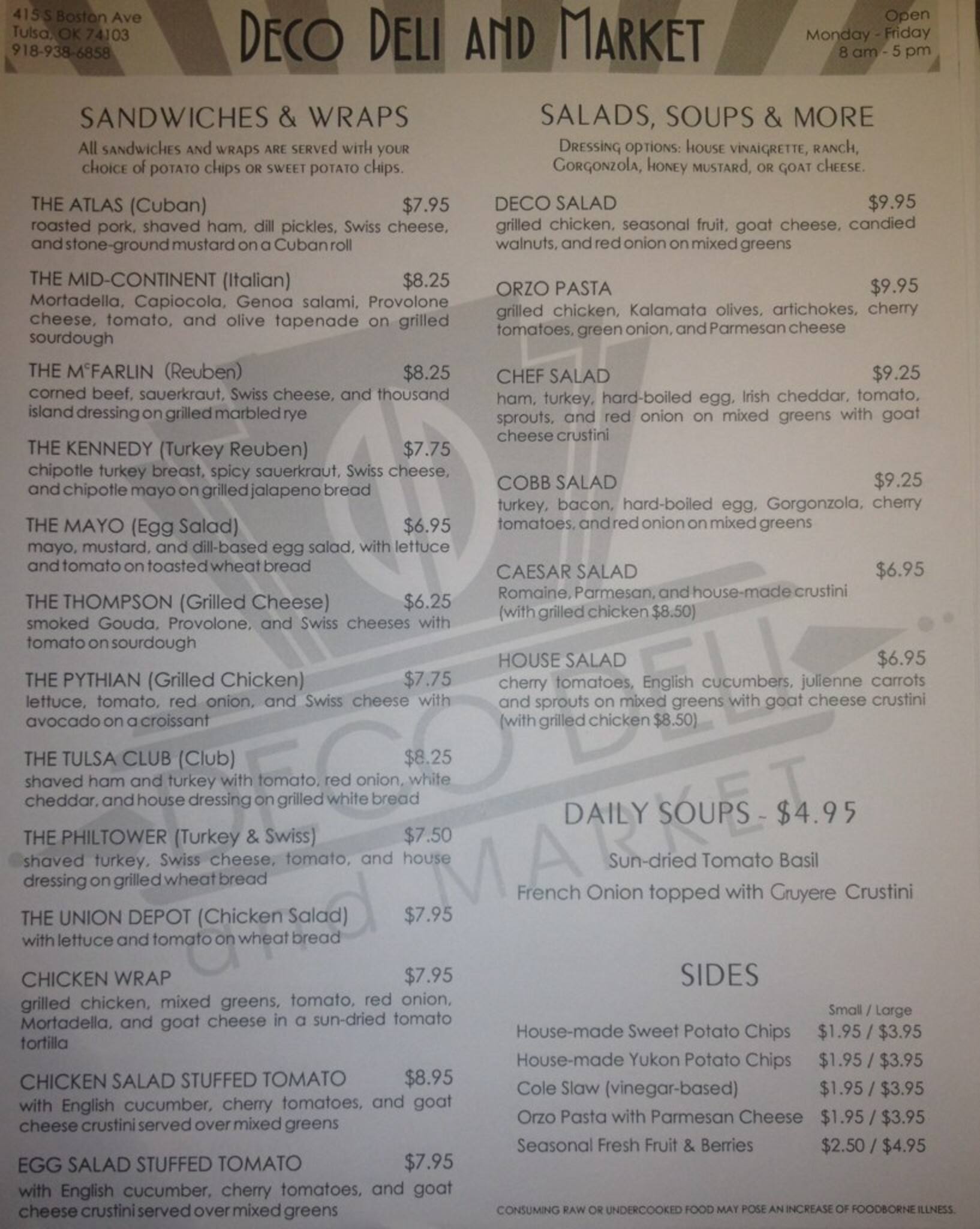 Menu at Deco Deli restaurant, Tulsa