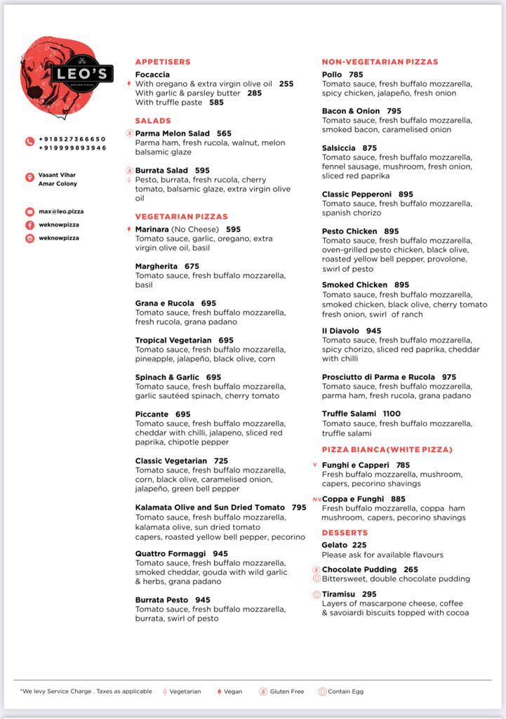 Menu of Leo's, Vasant Vihar, New Delhi